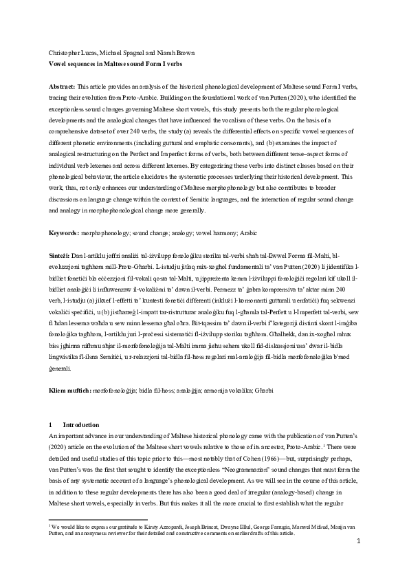 (PDF) Vowel sequences in Maltese sound Form I verbs (revised version)