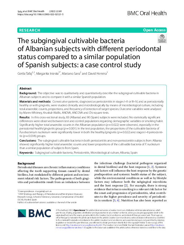 (PDF) The subgingival cultivable bacteria of Albanian subjects with ...