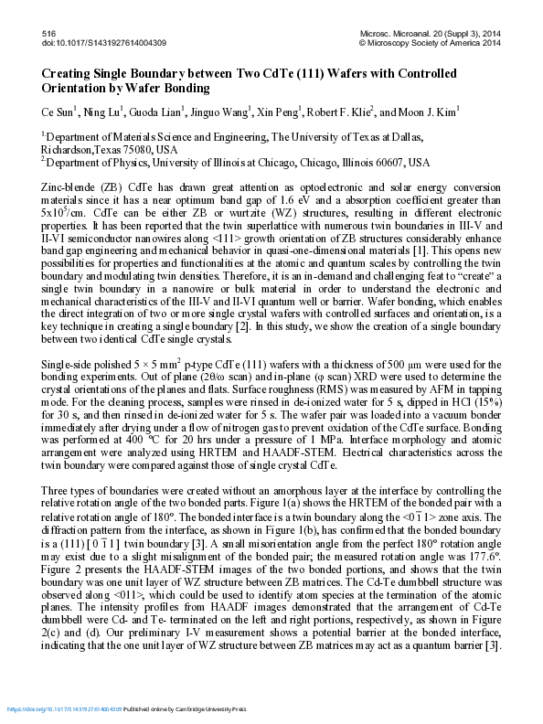 (PDF) Creating Single Boundary between Two CdTe (111) Wafers with ...