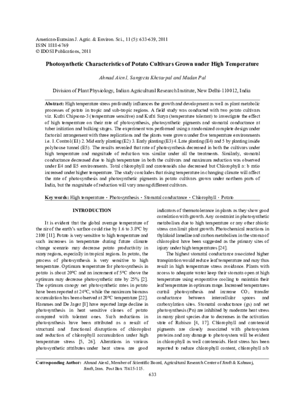 (PDF) Photosynthetic Characteristics of Potato Cultivars Grown under ...
