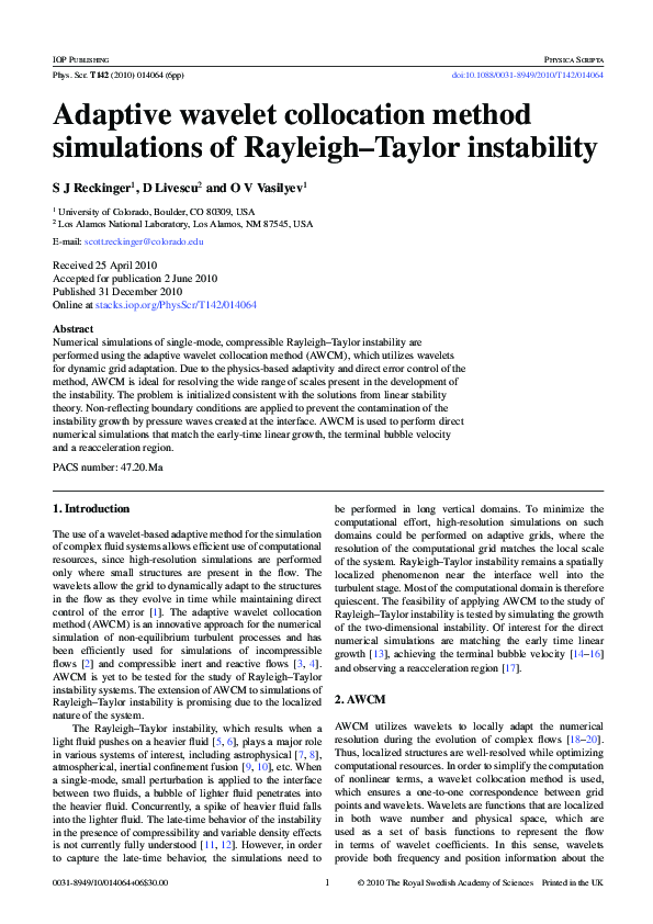 (PDF) Adaptive wavelet collocation method simulations of Rayleigh–Taylor instability