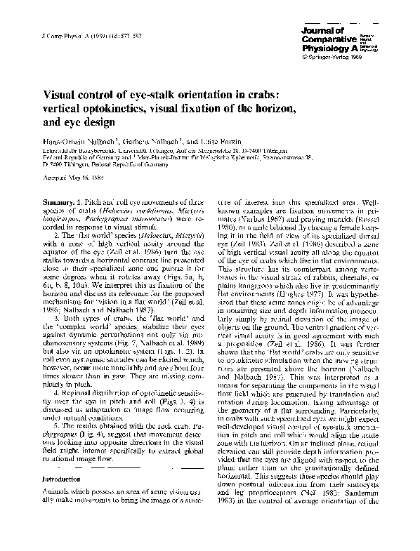 (PDF) Visual control of eye-stalk orientation in crabs: vertical optokinetics, visual fixation ...