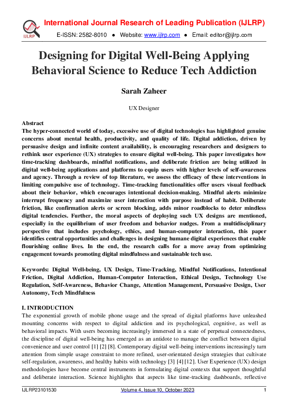 (PDF) Designing for Digital Well-Being Applying Behavioral Science to ...