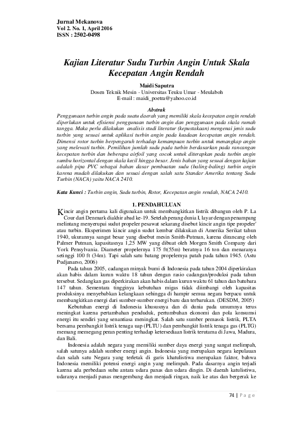 (PDF) Kajian Literatur Sudu Turbin Angin Untuk Skala Kecepatan Angin Rendah
