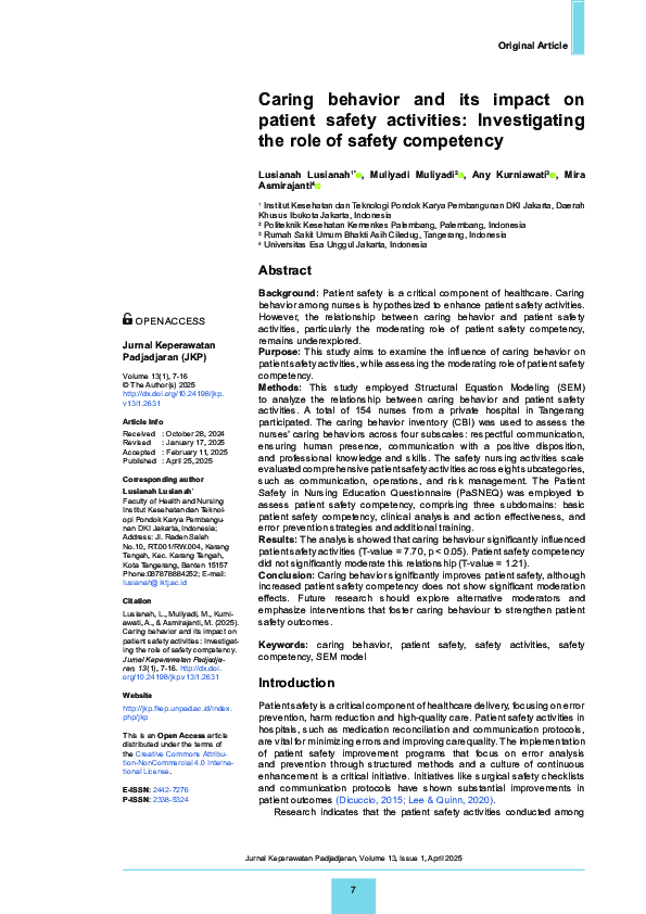 (PDF) Caring behavior and its impact on patient safety activities ...