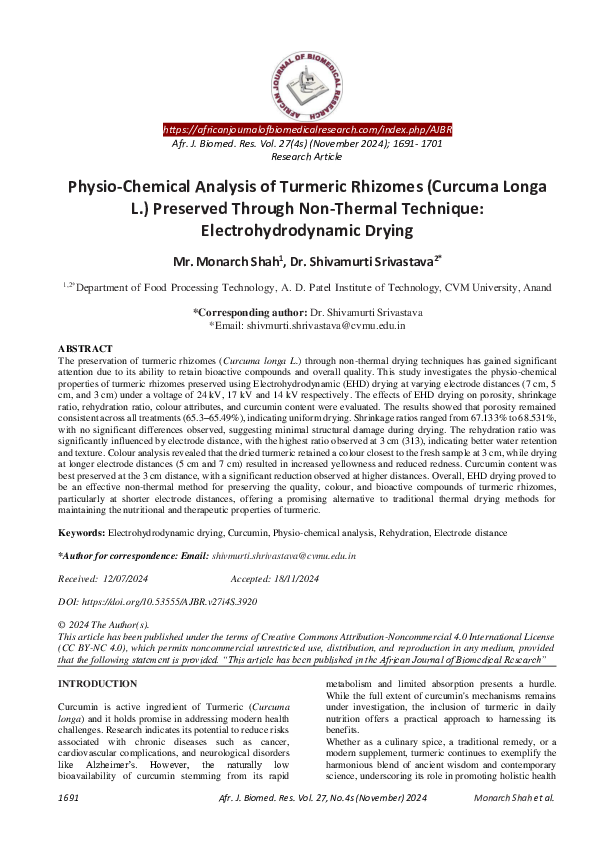 Pdf Physio Chemical Analysis Of Turmeric Rhizomes Curcuma Longa L Preserved Through Non