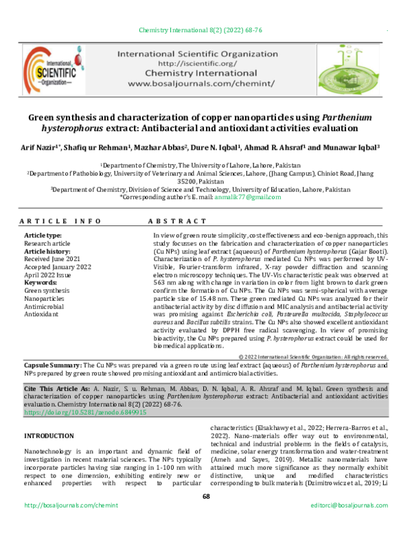 (PDF) Green synthesis and characterization of copper nanoparticles using Parthenium ...