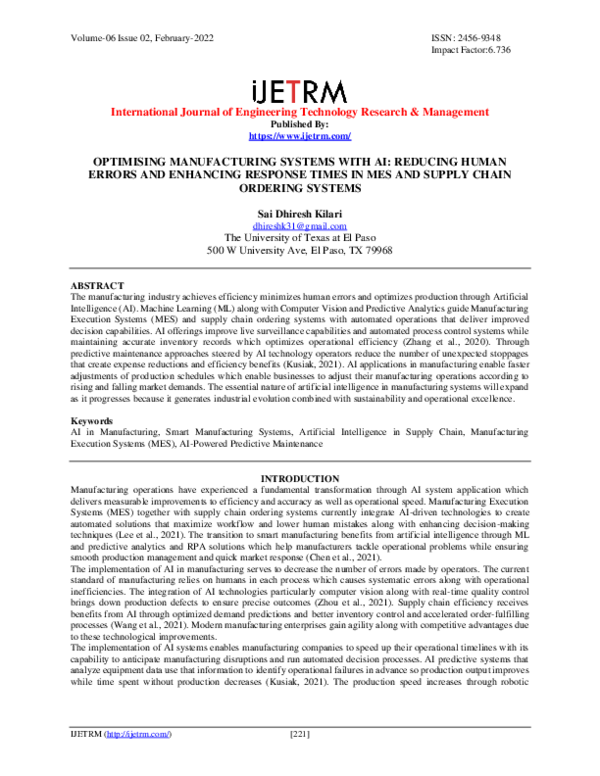 (PDF) OPTIMISING MANUFACTURING SYSTEMS WITH AI: REDUCING HUMAN ERRORS ...