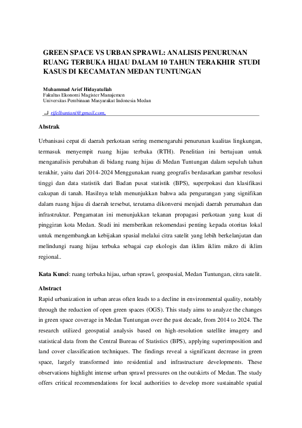 (PDF) GREEN SPACE VS URBAN SPRAWL: ANALISIS PENURUNAN RUANG TERBUKA HIJAU DALAM 10 TAHUN ...