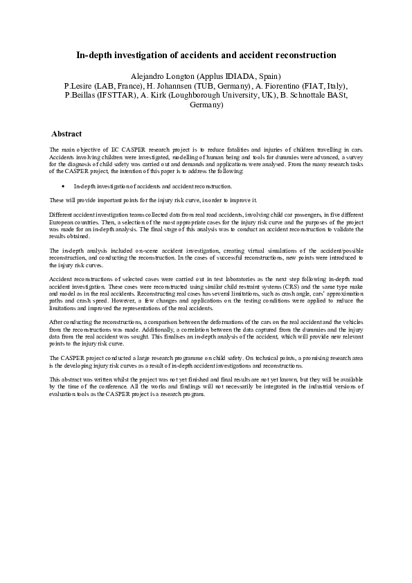 (PDF) In-depth investigation of accidents and accident reconstruction