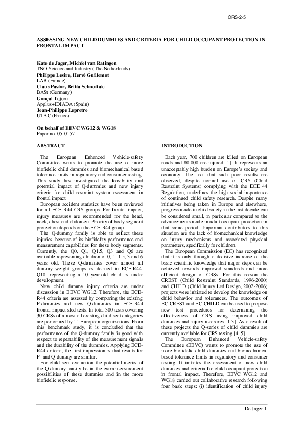 (PDF) Assessing new child dummies and criteria for child occupant ...