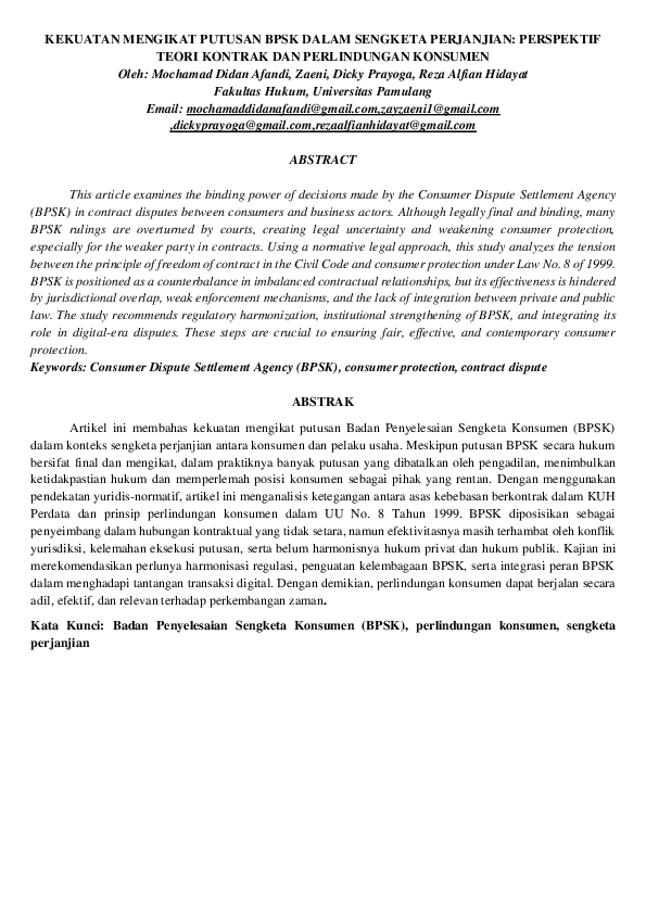 (PDF) KEKUATAN MENGIKAT PUTUSAN BPSK DALAM SENGKETA PERJANJIAN: PERSPEKTIF TEORI KONTRAK DAN ...