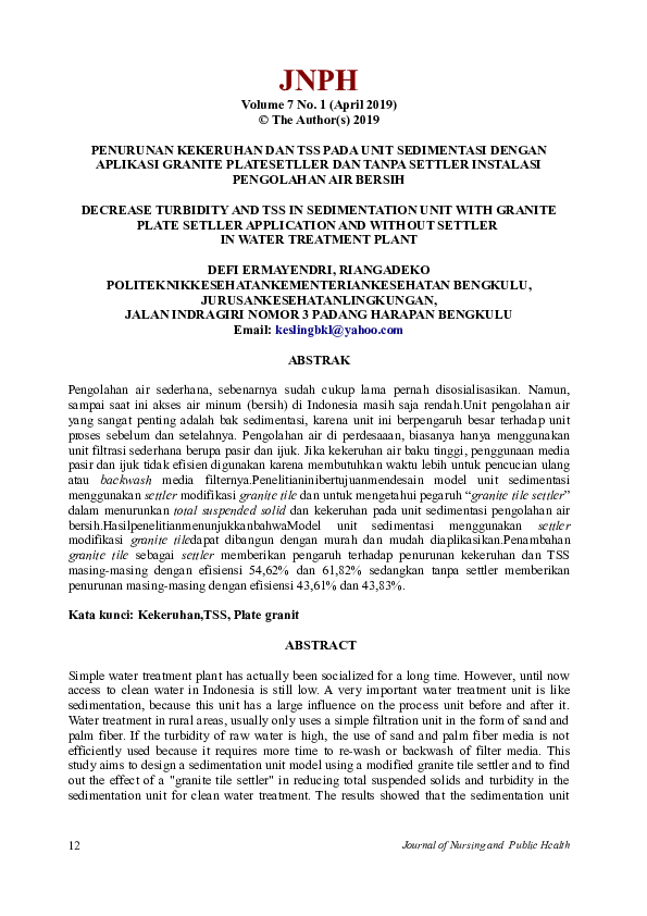 (PDF) Penurunan Kekeruhan Dan TSS Pada Unit Sedimentasi Dengan Aplikasi ...