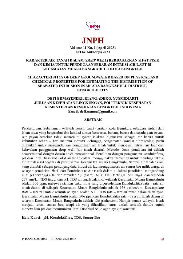 (PDF) Karakter Air Tanah Dalam (Deep Well) Berdasarkan Sifat Fisik Dan ...