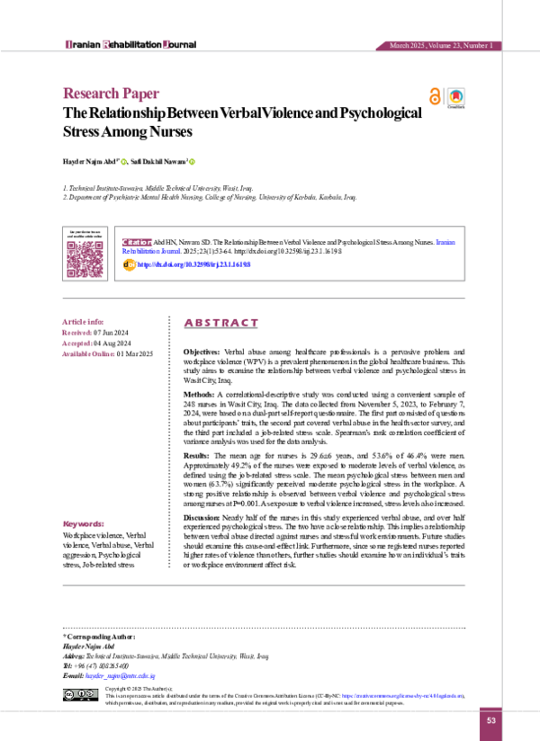 (PDF) The Relationship Between Verbal Violence and Psychological Stress ...