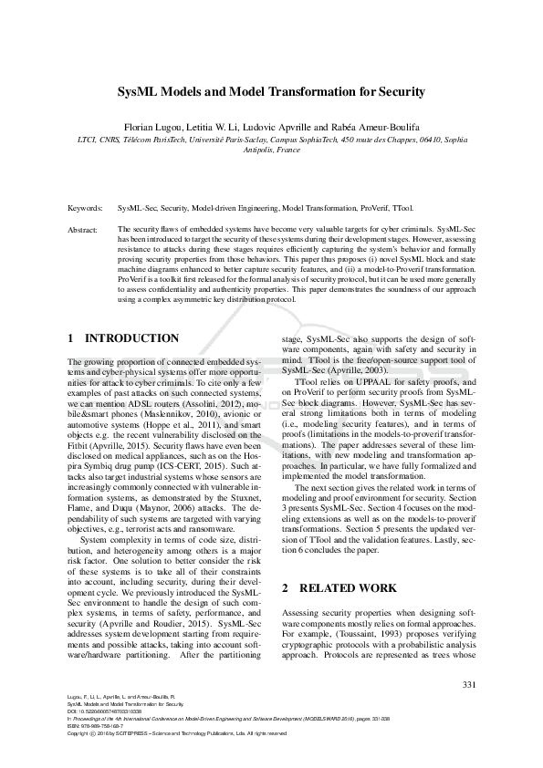 (PDF) SysML Models and Model Transformation for Security