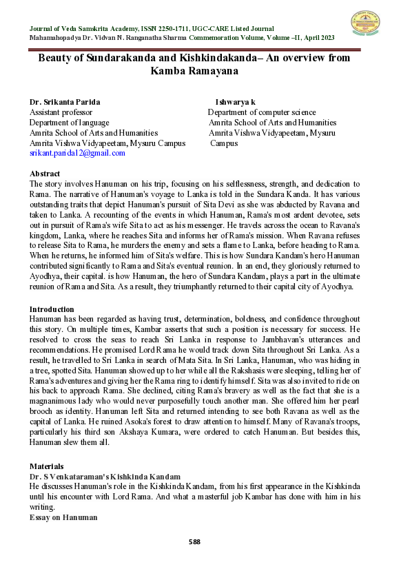 (PDF) Beauty of Sundarakanda and Kishkindakanda-An overview from Kamba Ramayana