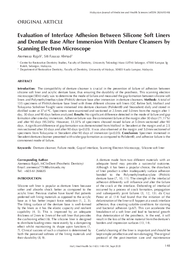 (PDF) Evaluation of Interface Adhesion Between Silicone Soft Liners and ...