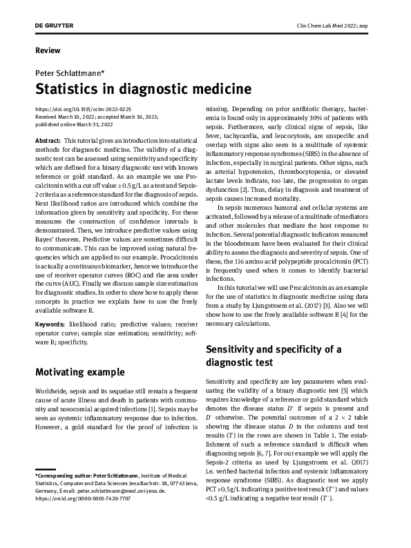 (PDF) Statistics in diagnostic medicine