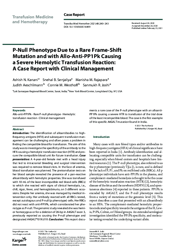 (PDF) P-Null Phenotype Due to a Rare Frame-Shift Mutation and with Allo ...