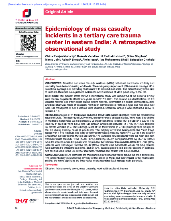 (PDF) Epidemiology of mass casualty incidents in a tertiary care trauma ...