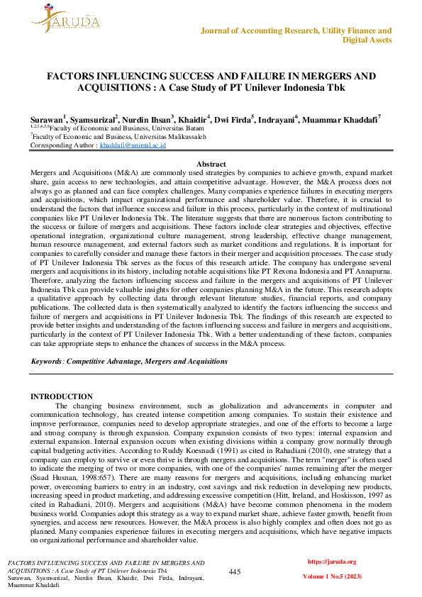 (PDF) FACTORS INFLUENCING SUCCESS AND FAILURE IN MERGERS AND ACQUISITIONS : A Case Study of PT ...