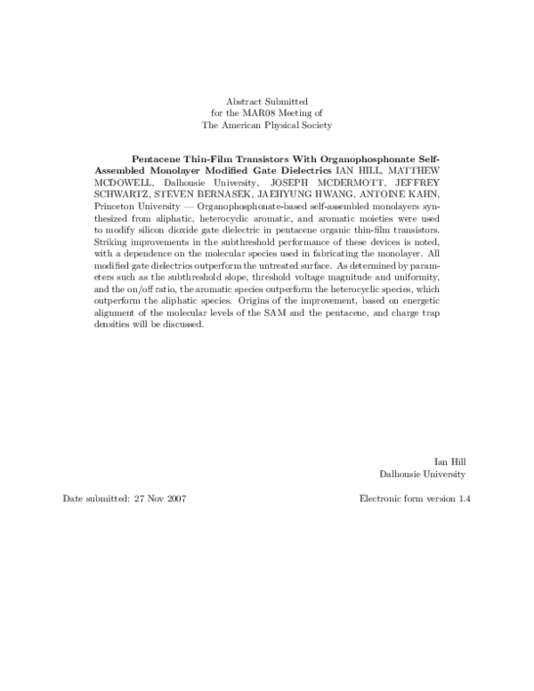 (PDF) Pentacene Thin-Film Transistors With Organophosphonate Self-Assembled Monolayer Modified ...