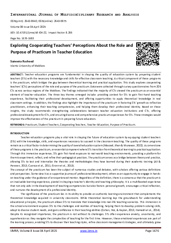 (PDF) Exploring Cooperating Teachers' Perceptions About the Role and Purpose of Practicum in ...