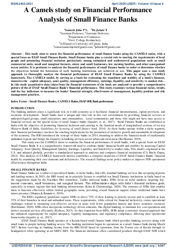 (PDF) A Camels study on Financial Performance Analysis of Small Finance ...