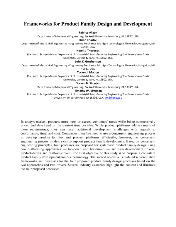 (PDF) Frameworks for Product Family Design and Development