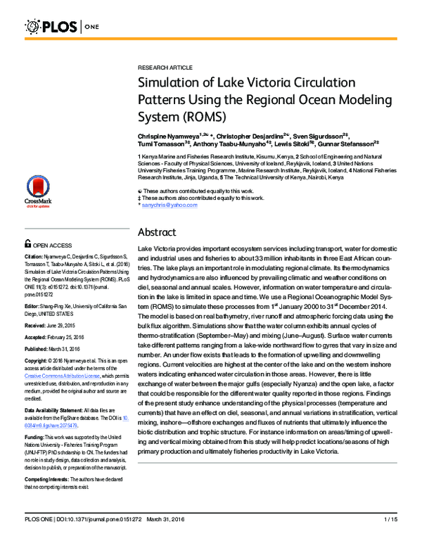 (PDF) Simulation of Lake Victoria Circulation Patterns Using the Regional Ocean Modeling System ...
