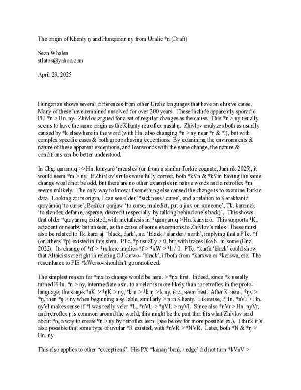 (PDF) The origin of Khanty ṇ and Hungarian ny from Uralic *n (Draft)