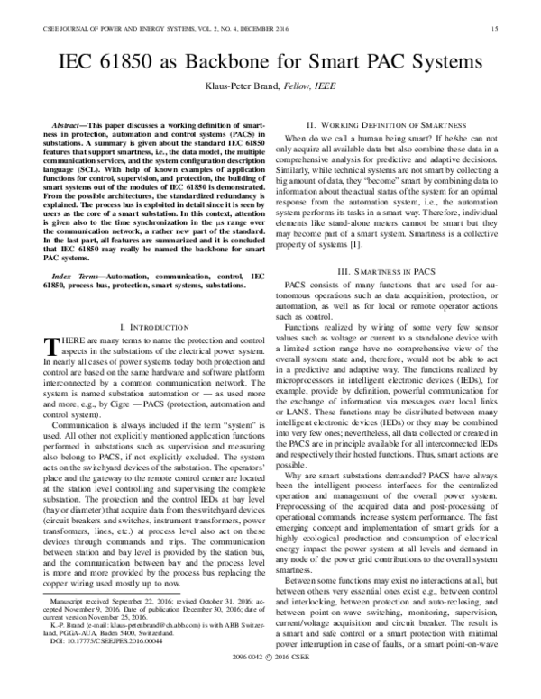 (PDF) IEC 61850 as backbone for smart PAC systems