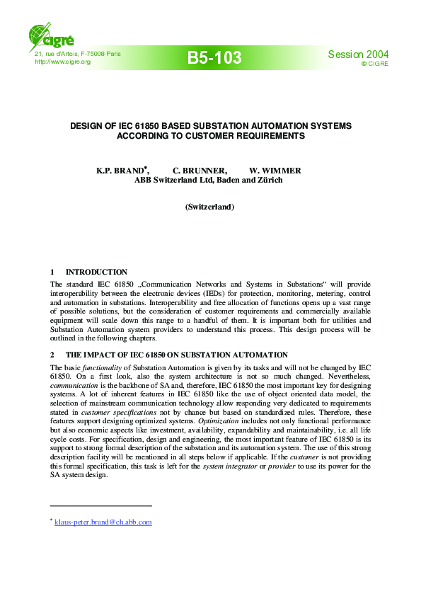 Pdf Design Of Iec 61850 Based Substation Automation Systems According To Customer Requirements