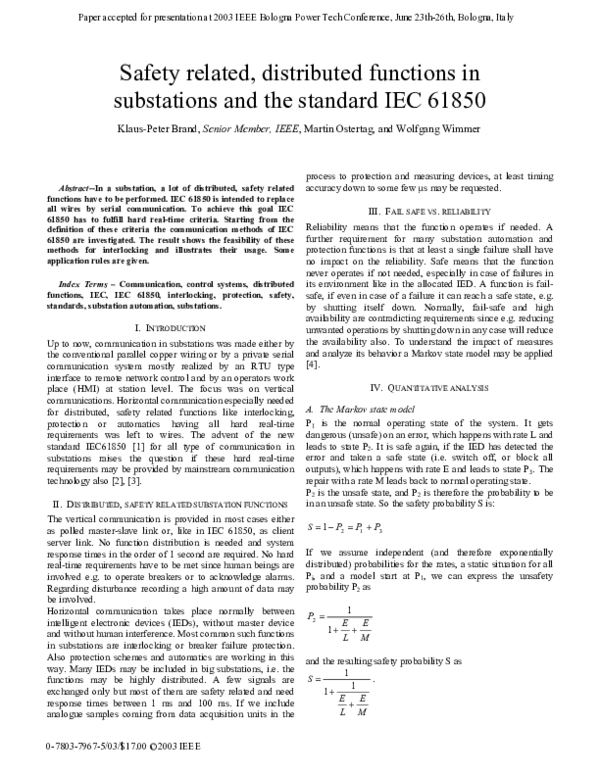 (PDF) Safety related, distributed functions in substations and the standard IEC 61850