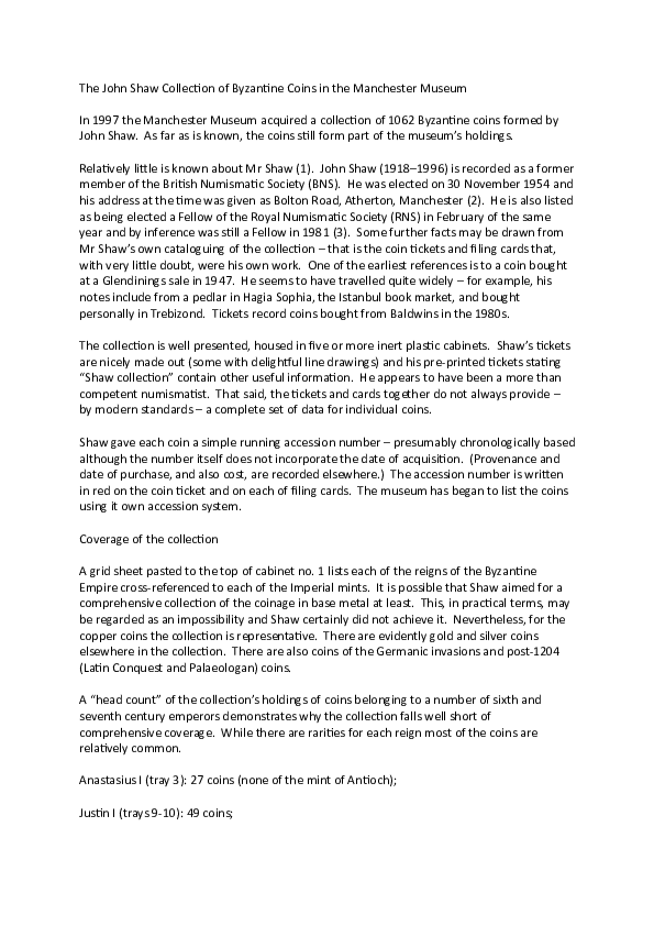 (PDF) The John Shaw Collection of Byzantine Coins in the Manchester Museum
