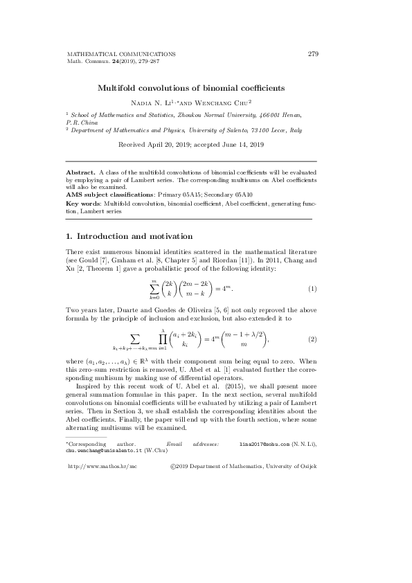 (PDF) Multifold convolutions of binomial coefficients