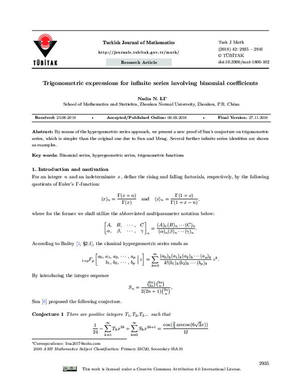 (PDF) Trigonometric expressions for infinite series involving binomial ...