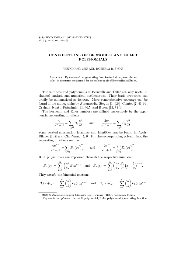 (PDF) Convolutions of Bernoulli and Euler Polynomials
