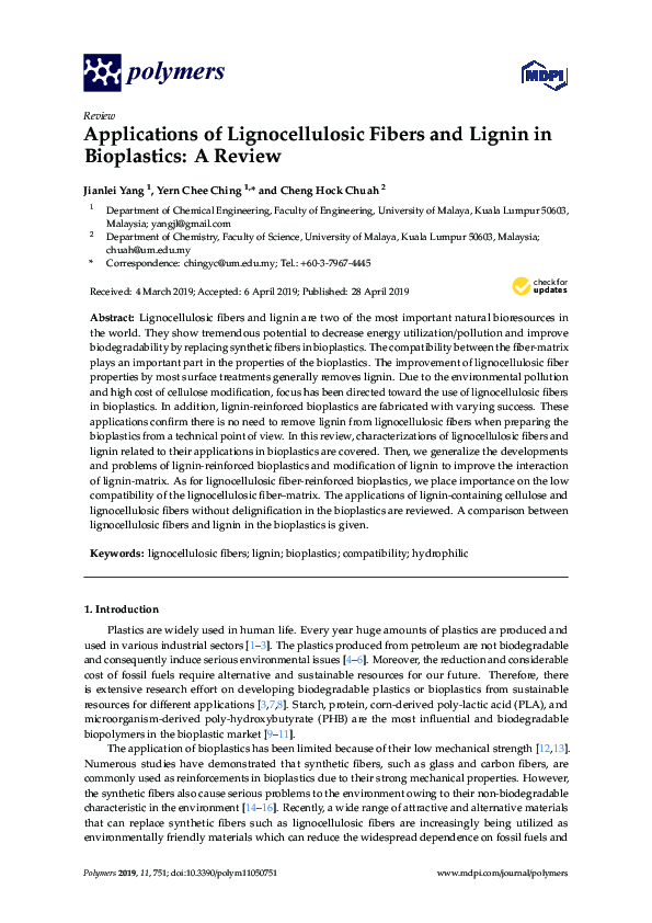 (PDF) Applications of Lignocellulosic Fibers and Lignin in Bioplastics ...