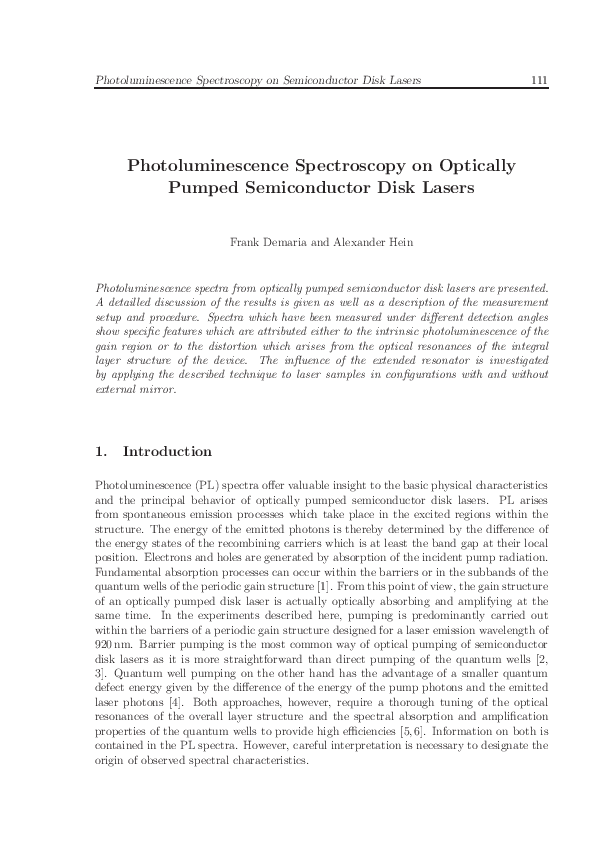 (PDF) Photoluminescence Spectroscopy on Semiconductor Disk Lasers 111 Photoluminescence ...