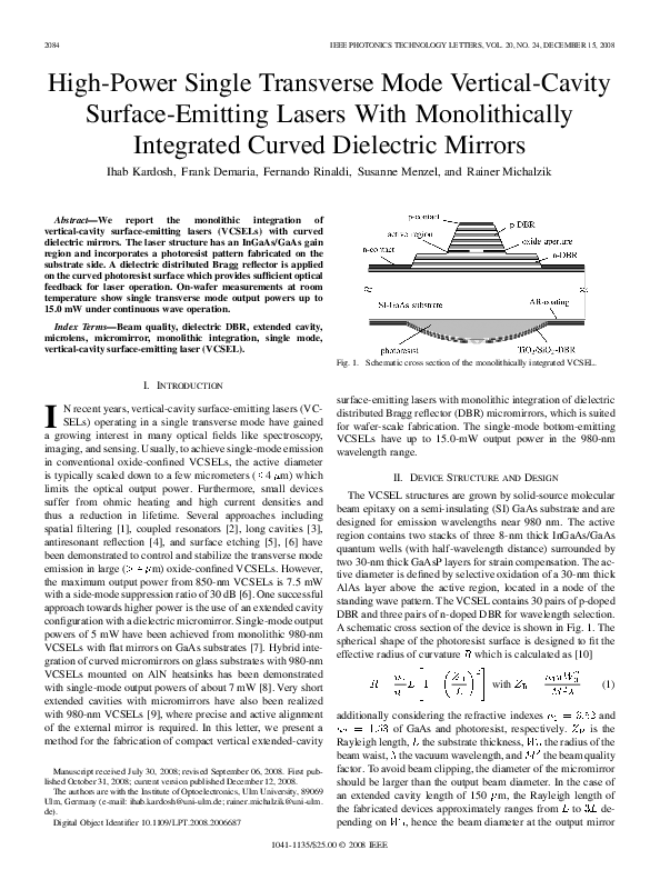 (PDF) High-Power Single Transverse Mode Vertical-Cavity Surface-Emitting Lasers With ...