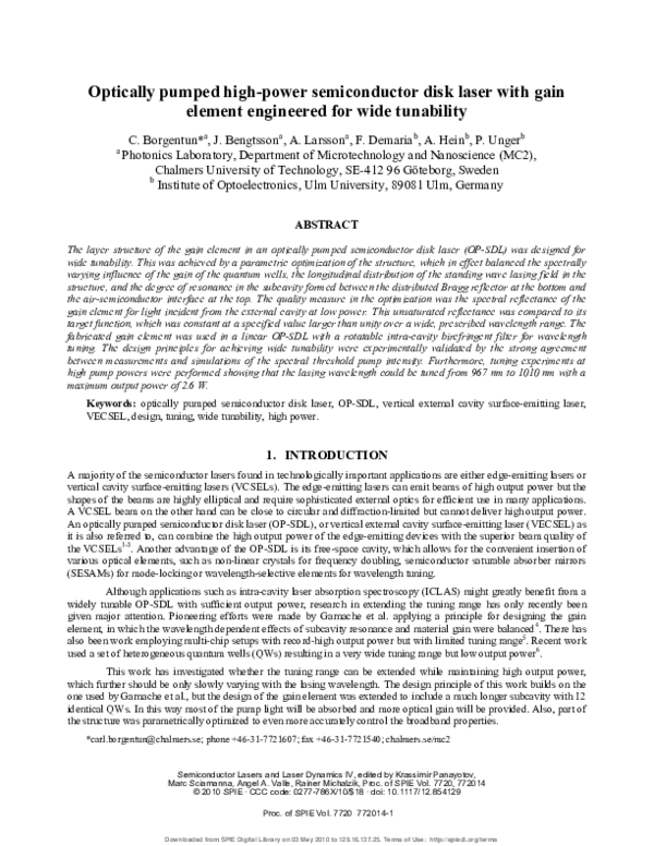 (PDF) Optically pumped high-power semiconductor disk laser with gain element engineered for wide ...