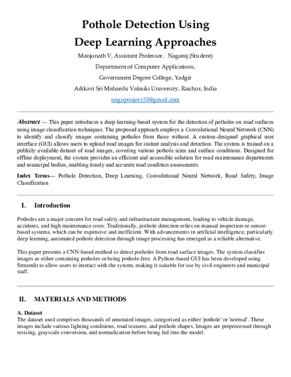(PDF) Pothole Detection Using Deep Learning Approaches