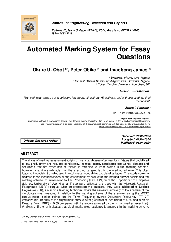 (PDF) Automated Marking System for Essay Questions