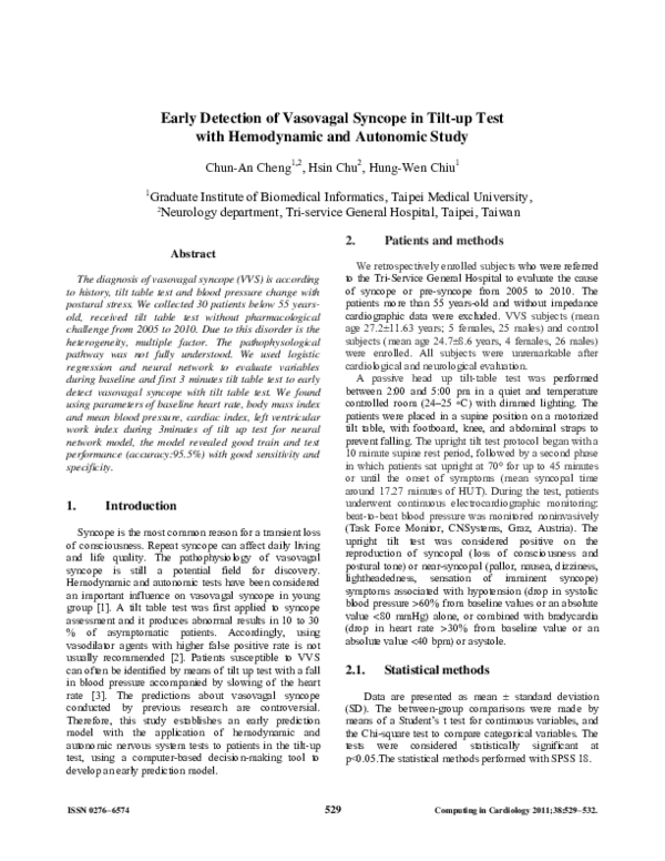 (PDF) Early detection of vasovagal syncope in tilt-up test with ...