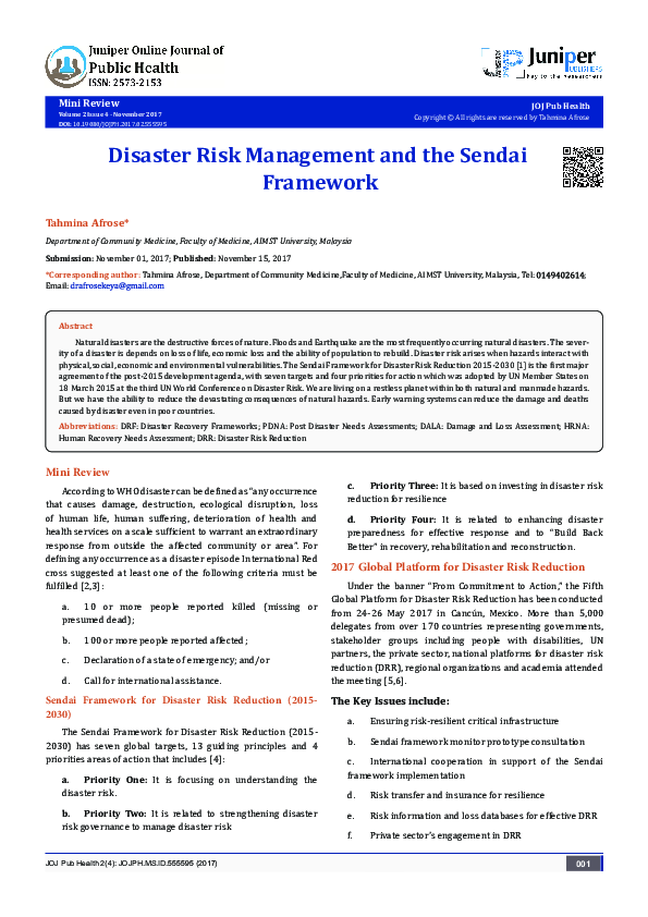 (PDF) Disaster Risk Management and the Sendai Framework