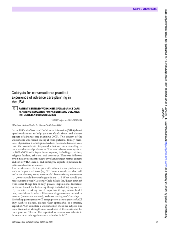 (PDF) Patient-Centered Worksheets for Advance Care Planning: Education ...