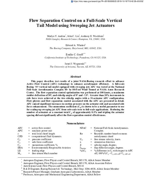 (PDF) Flow Separation Control on a Full-Scale Vertical Tail Model using ...