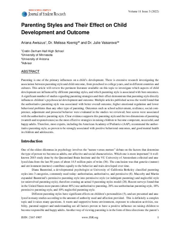 (PDF) Parenting Styles and Their Effect on Child Development and Outcome